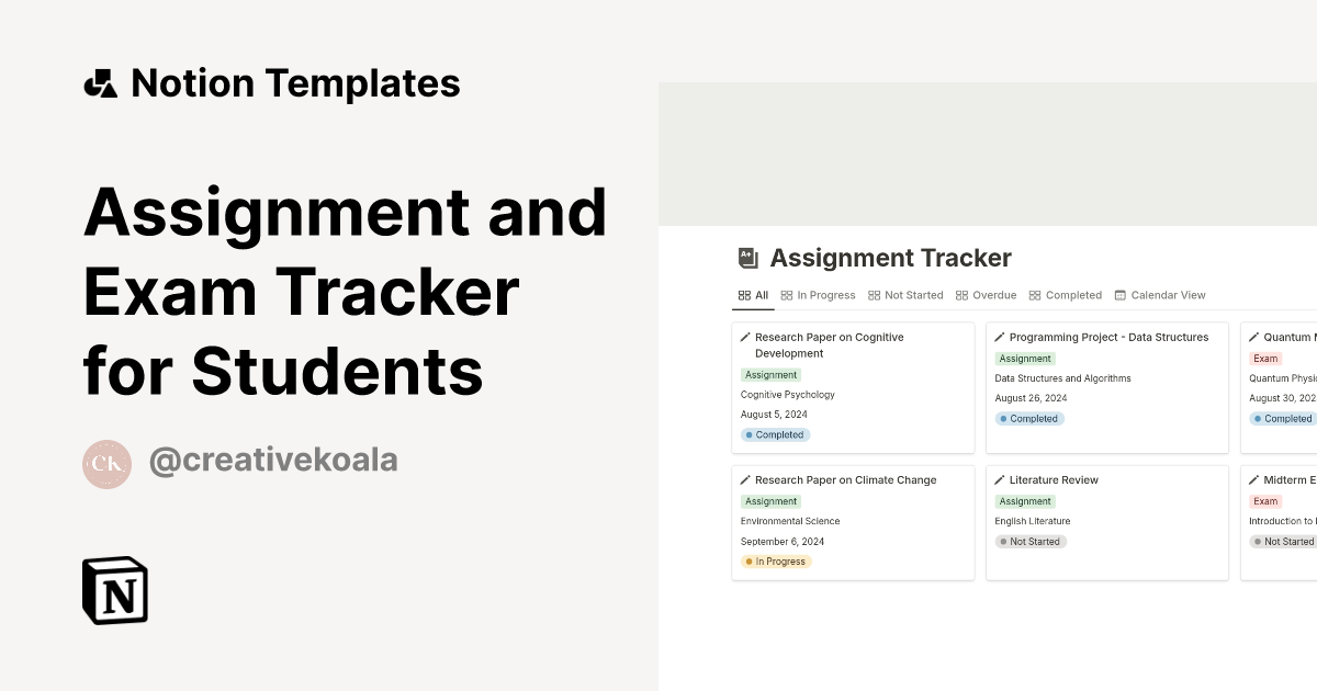Assignment and Exam Tracker for Students Template | Notion Marketplace