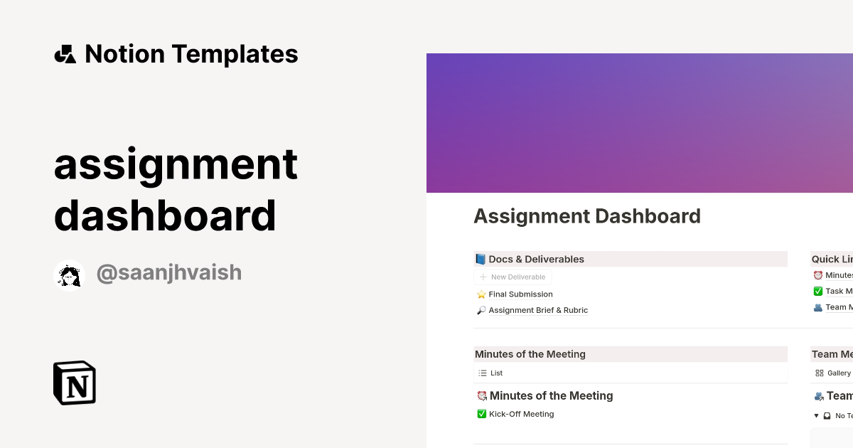 assignment dashboard Template by saanjh | Notion Marketplace
