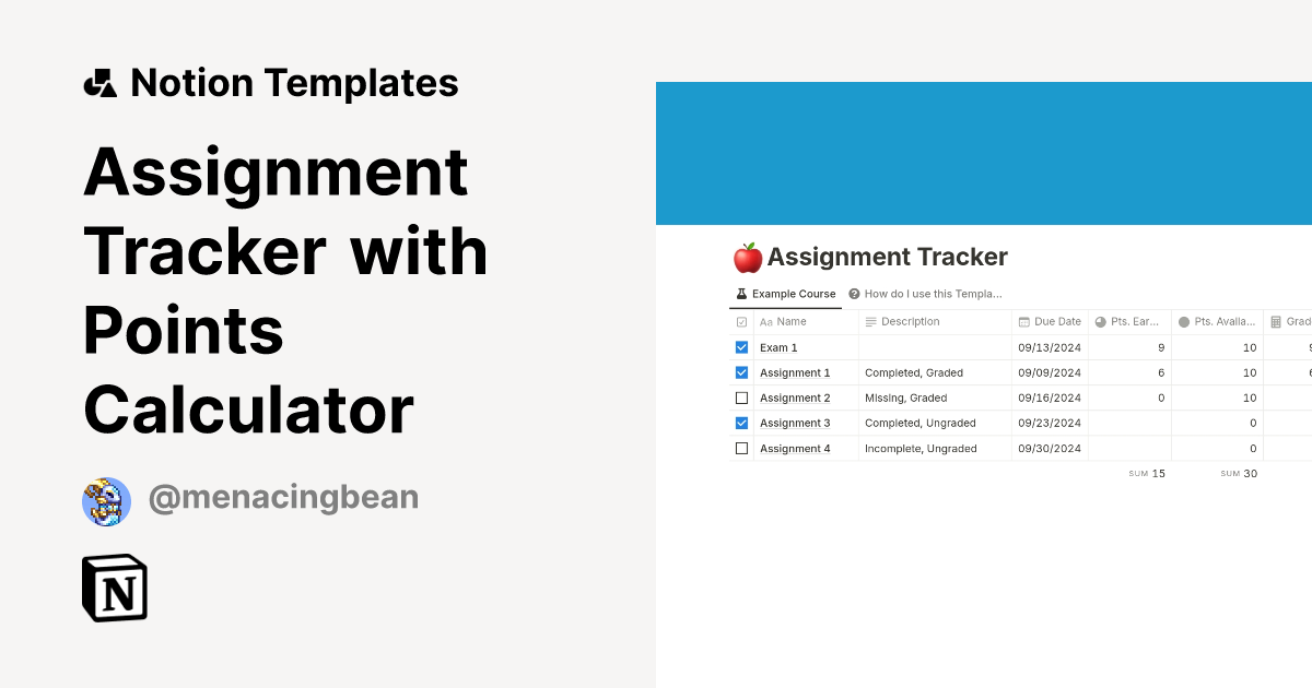 Assignment Tracker with Points Calculator Template | Notion Marketplace