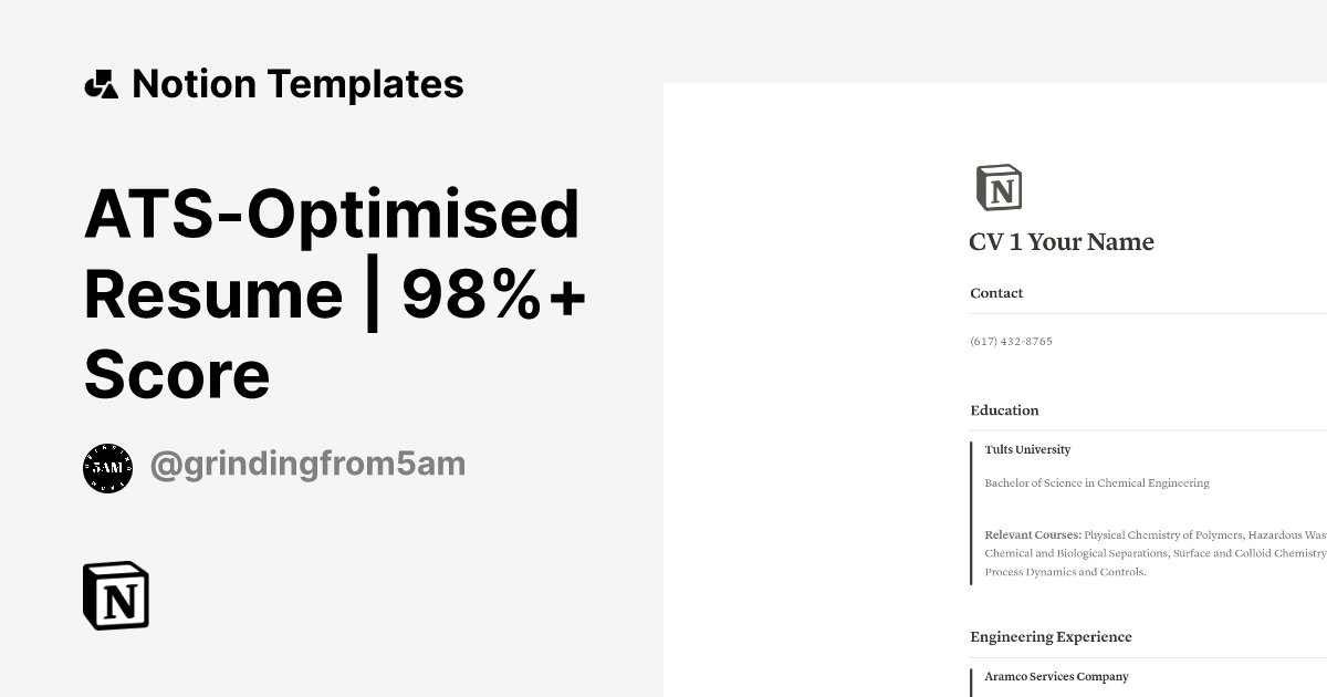 ATS-Optimised Resume | 98%+ Score Template by The 5AM Club | Notion ...