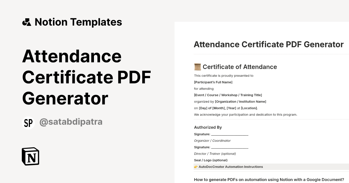 Attendance Certificate PDF Generator Template | Notion Marketplace