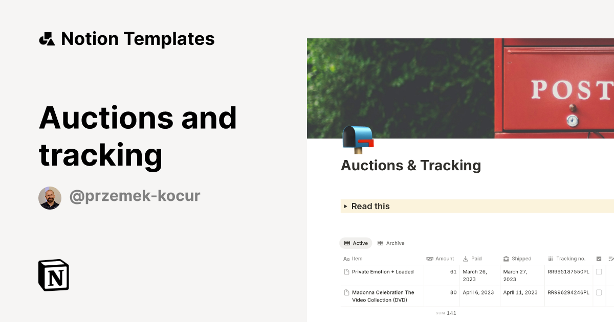 Auctions and tracking Template by Przemek Kocur | Notion Marketplace