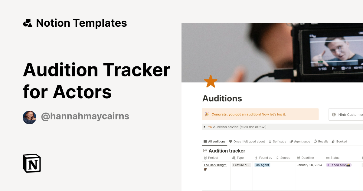 Audition Tracker for Actors Template by Hannah May Cairns | Notion Marketplace