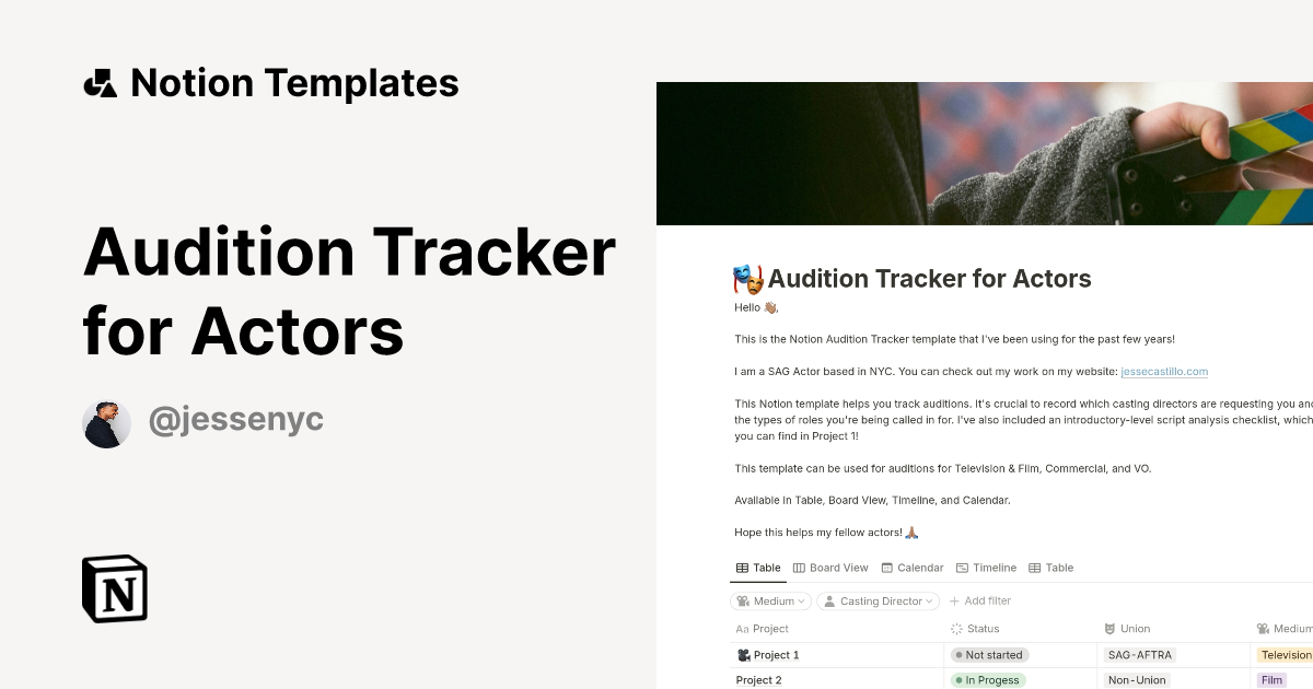 Audition Tracker for Actors Template | Notion Marketplace