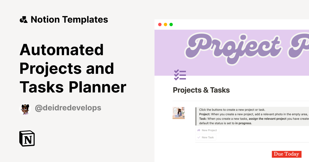 Automated Projects and Tasks Planner Template by Deidre Develops ...