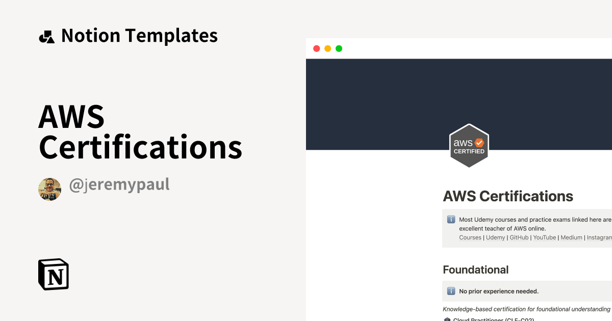 AWS Certifications Template by Jeremy Paul | Notion Marketplace