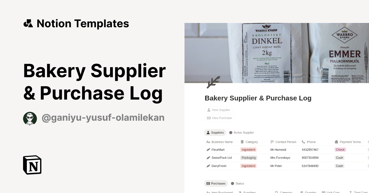 Bakery Supplier & Purchase Log Template | Notion Marketplace