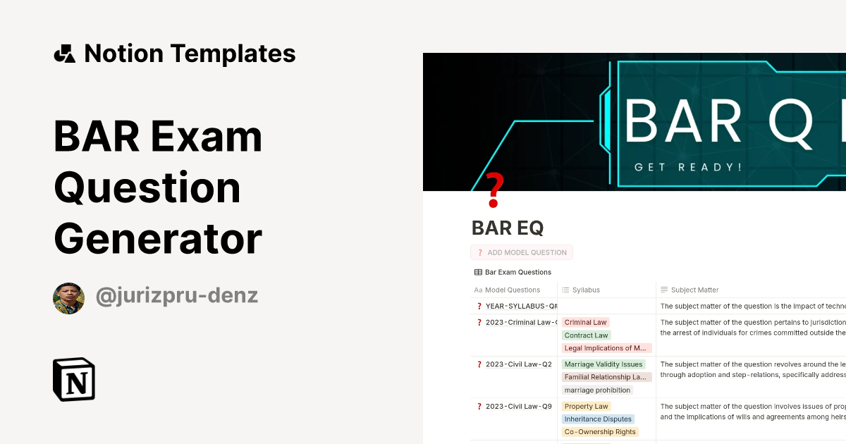 BAR Exam Question Generator Template by Jurizpru-Denz | Notion Marketplace
