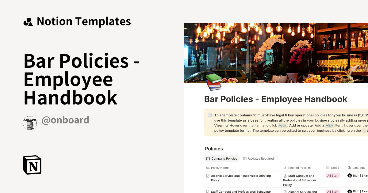 Bar Policies - Employee Handbook Template by Onboarding Checklists ...