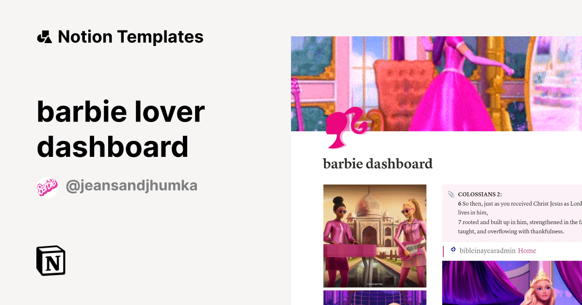 barbie lover dashboard Template by barbie in jeans and jhumka | Notion Marketplace