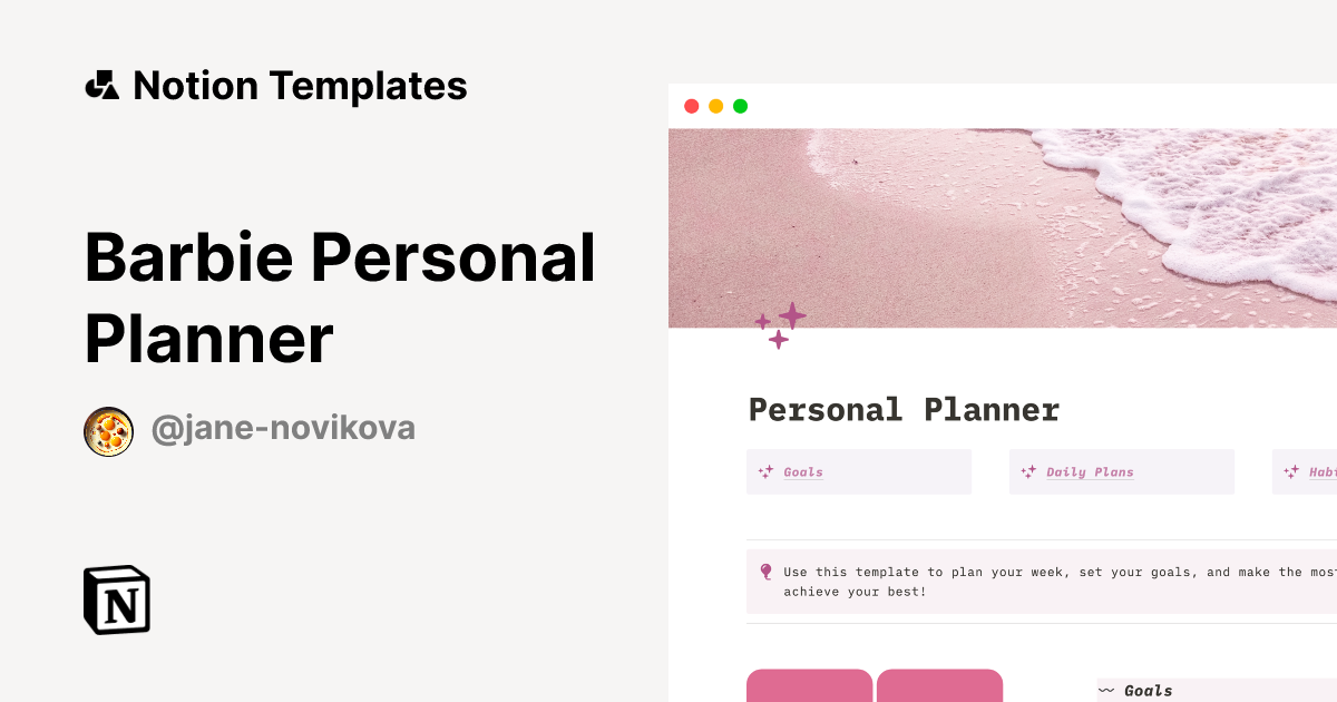 Barbie Personal Planner Template by Jane Novikova | Notion Marketplace