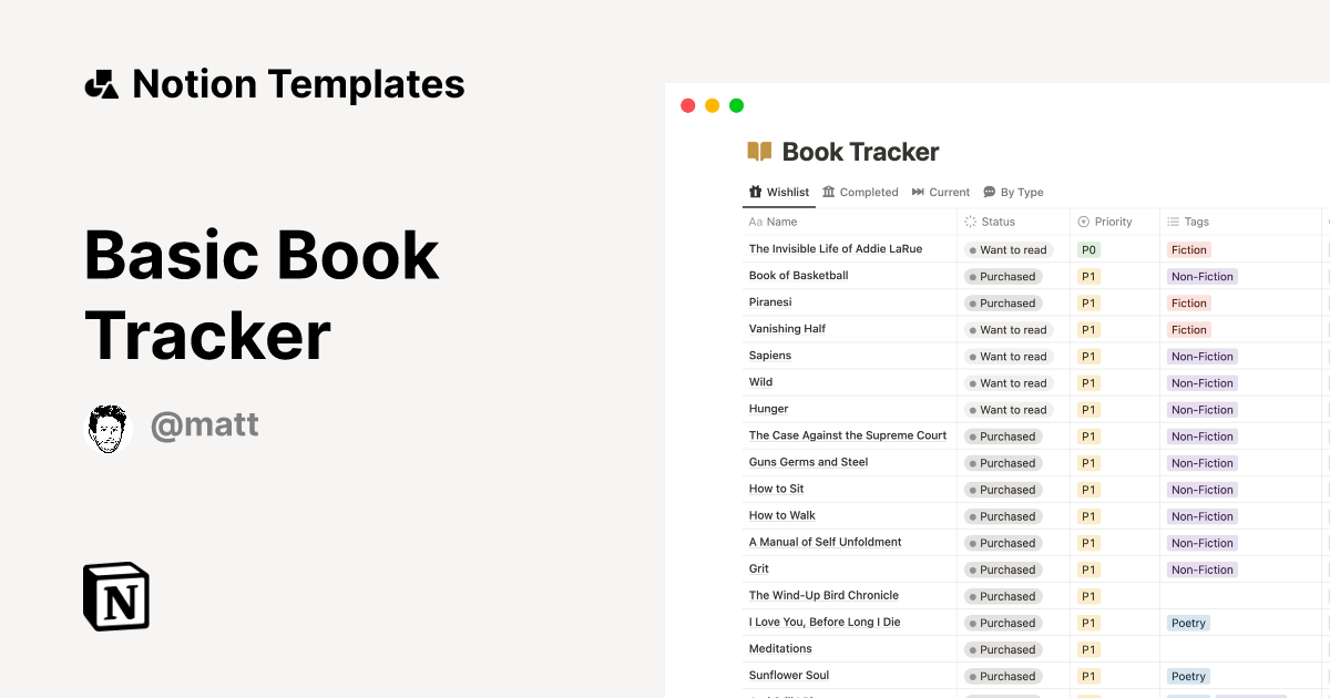 Basic Book Tracker Template by Matt Piccolella | Notion Marketplace