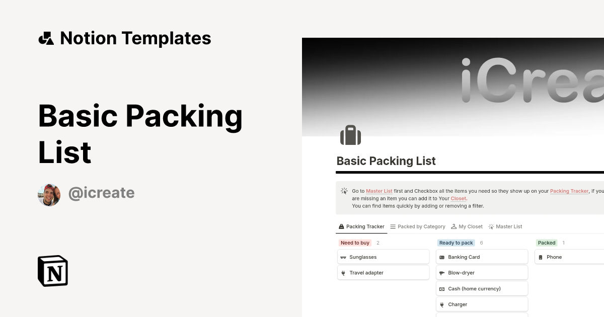 Basic Packing List Template by Creator | Notion Marketplace