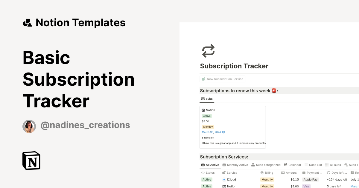 Basic Subscription Tracker Template | Notion Marketplace
