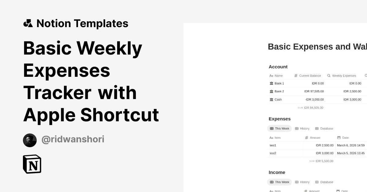 Basic Weekly Expenses Tracker with Apple Shortcut Template | Notion ...