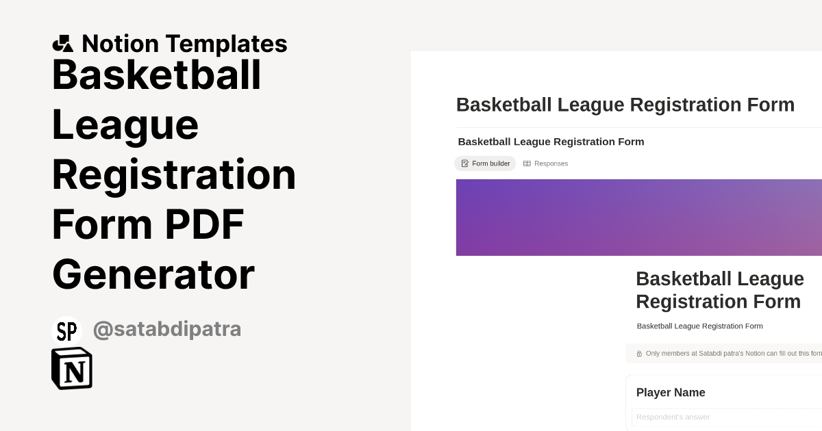 Basketball League Registration Form PDF Generator Template | Notion ...