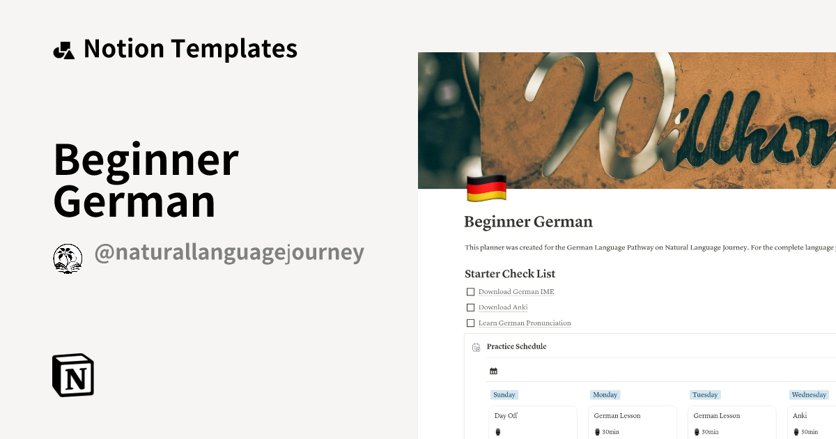 Beginner German Template by Natural Language Journey | Notion Marketplace