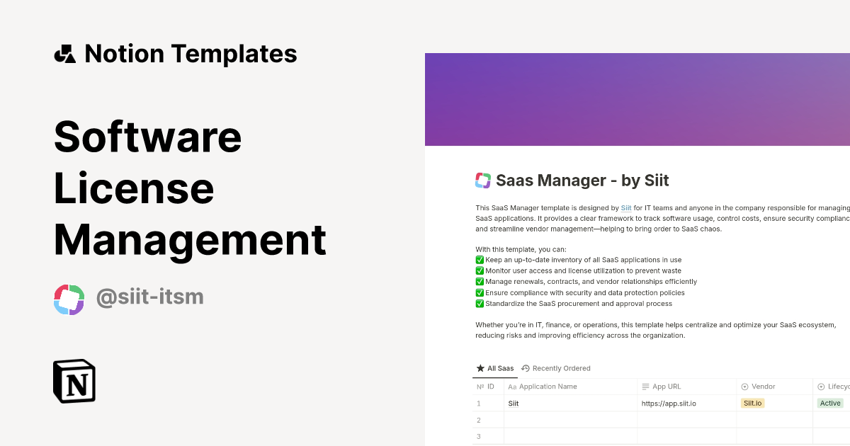 Software License Management Template by Siit ITSM | Notion Marketplace