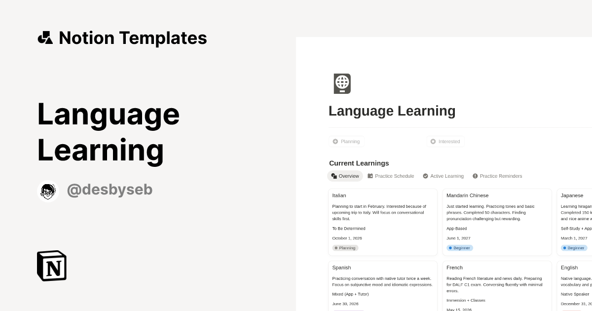 Language Learning Template by desbyseb | Notion Marketplace