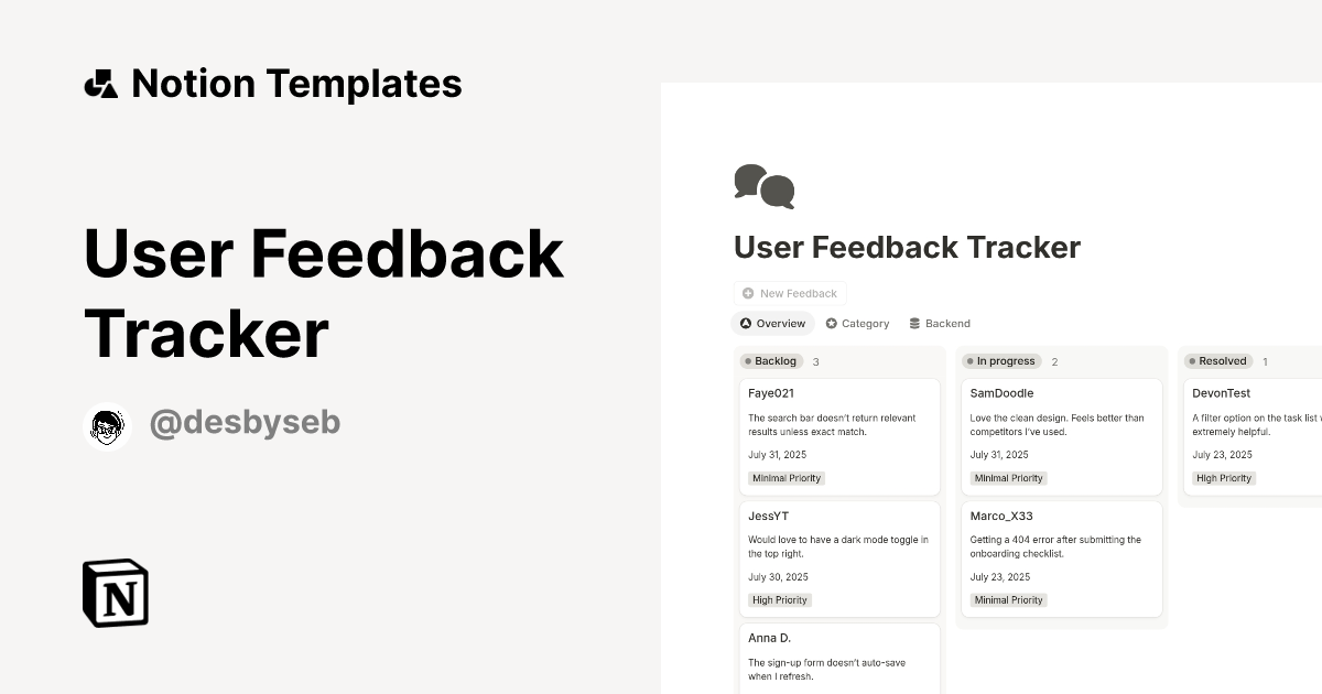 User Feedback Tracker Template By Desbyseb Notion Marketplace