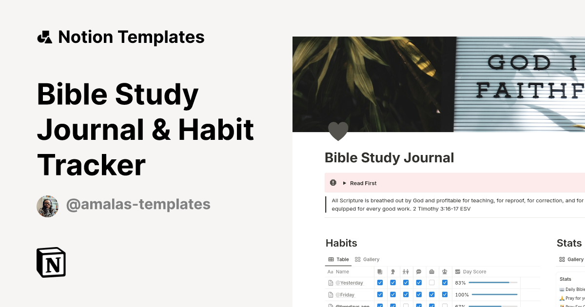 Bible Study Journal & Habit Tracker Template by Amala | Notion Marketplace