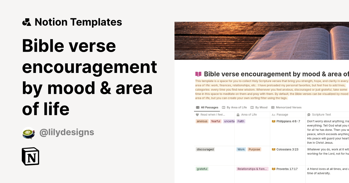 Bible verse encouragement by mood & area of life Template | Notion Marketplace