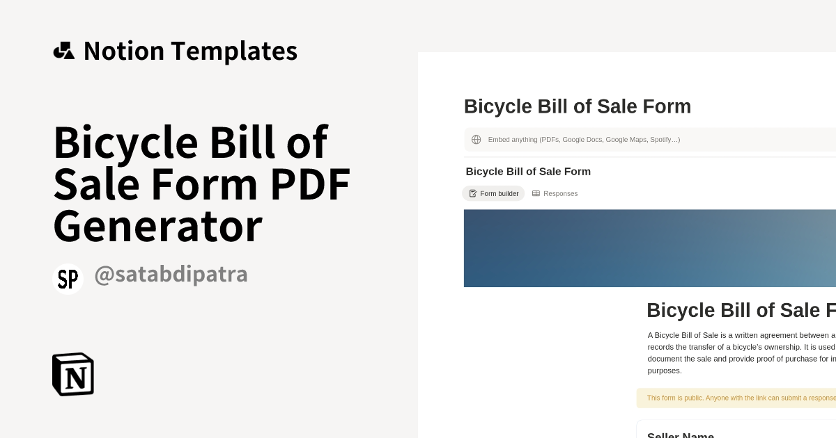 Bicycle Bill of Sale Form PDF Generator Template | Notion Marketplace