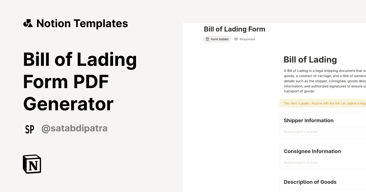 Bill of Lading Form PDF Generator Template | Notion Marketplace