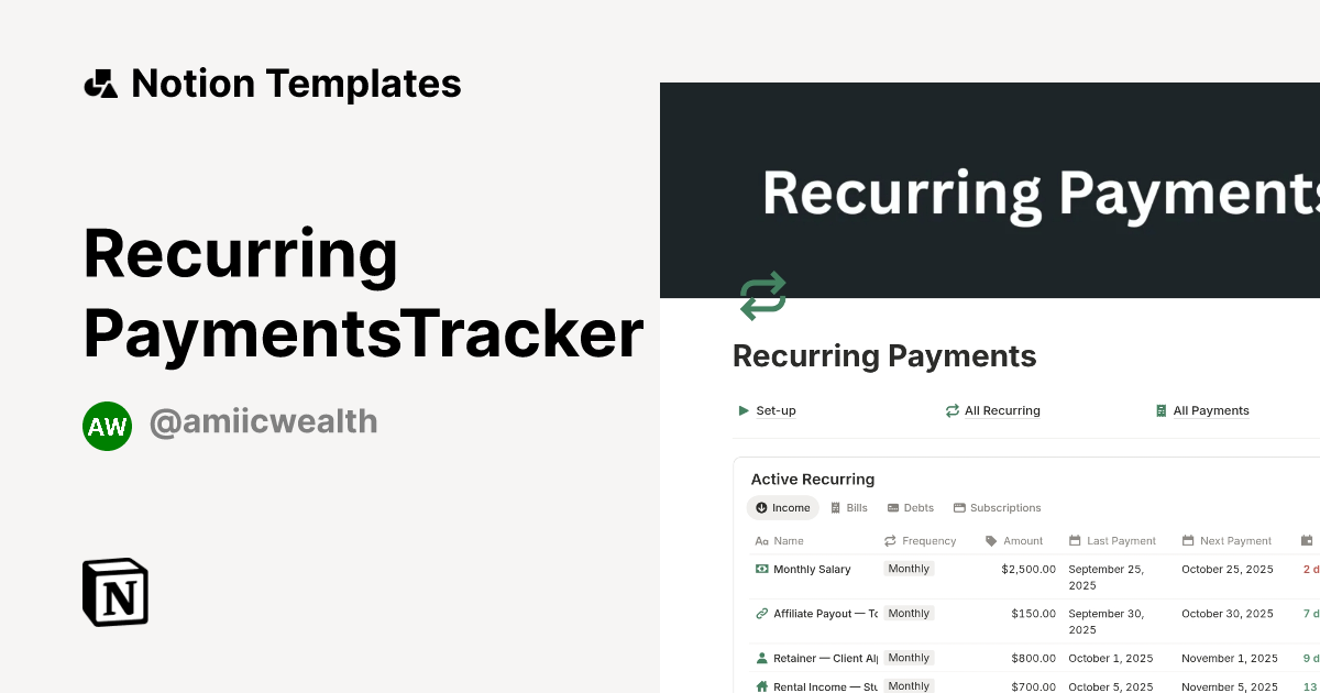 Recurring PaymentsTracker Template by AMIIC Wealth | Notion Marketplace
