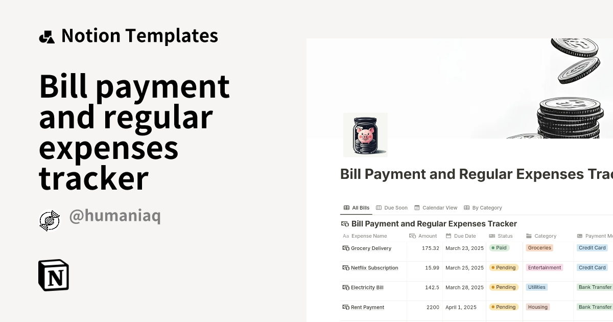 Bill payment and regular expenses tracker Template | Notion Marketplace