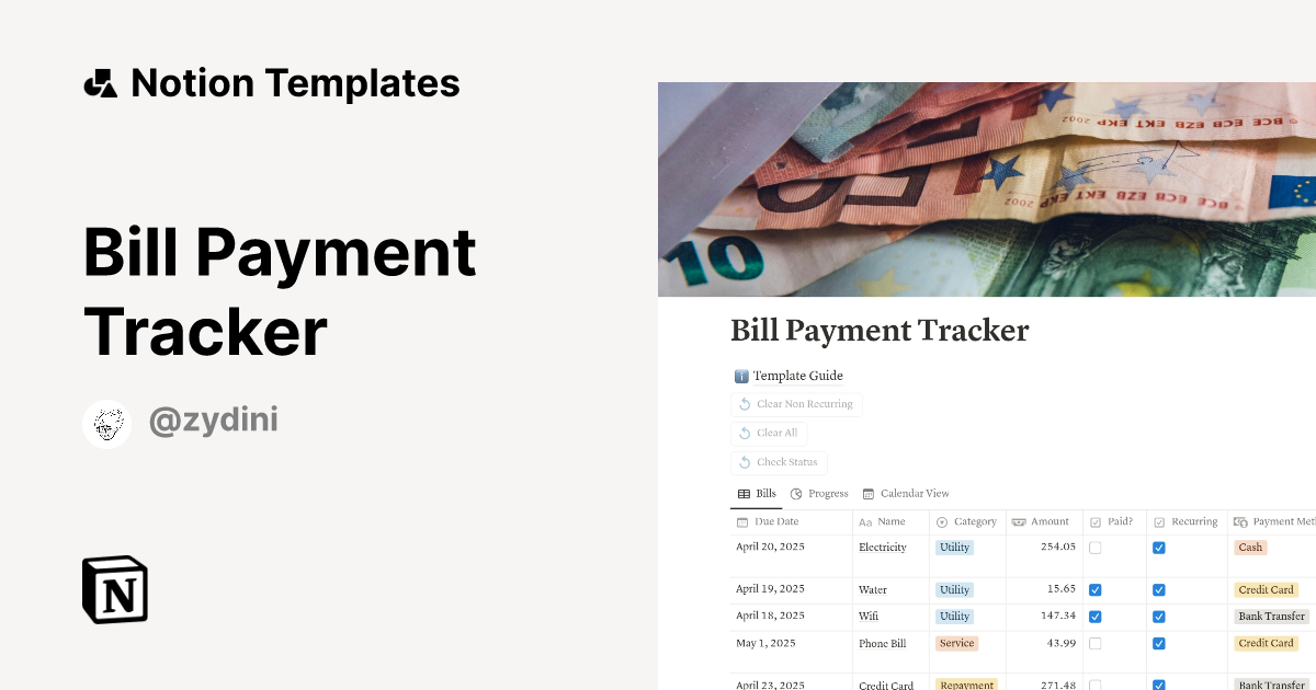 Bill Payment Tracker Template by ZYDini | Notion Marketplace