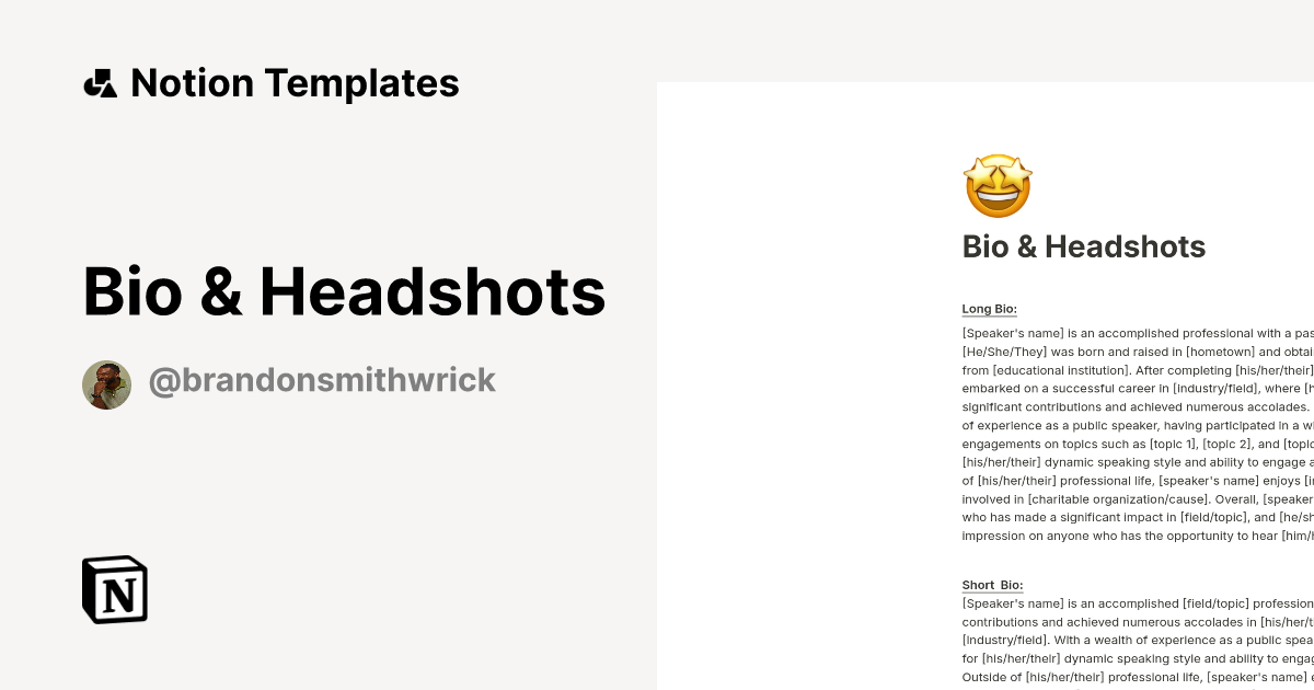 Bio & Headshots Template by Brandon Smithwrick | Notion Marketplace