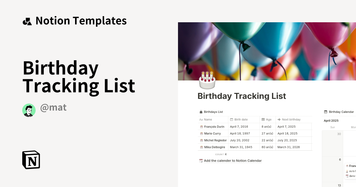 Birthday Tracking List Template by Mathis Vcln | Notion Marketplace