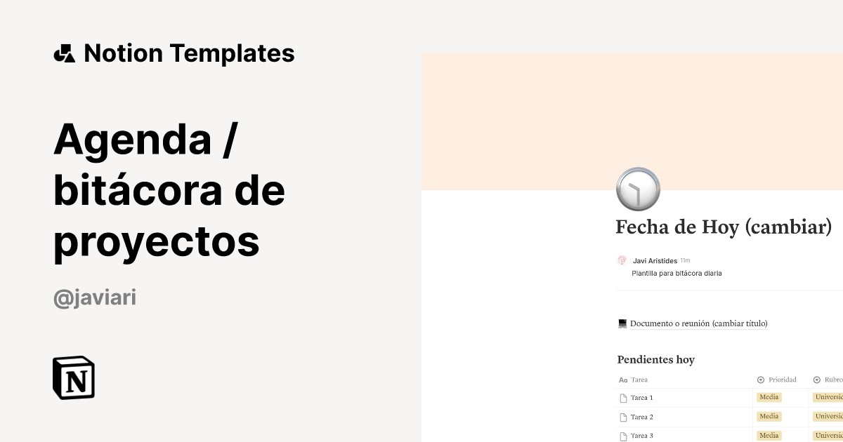Agenda / bitácora de proyectos Template by Estudio Javiari | Notion ...