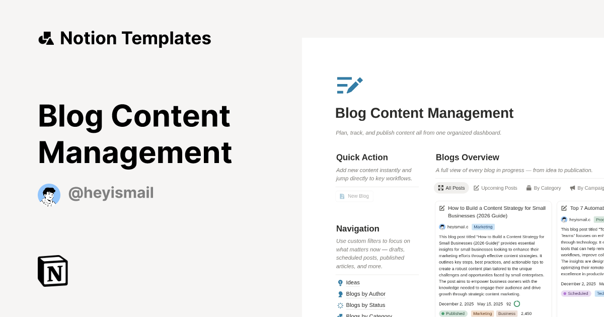 Blog Content Management Template by heyismail | Notion Marketplace