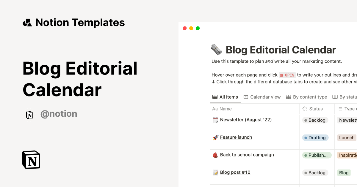 Blog Editorial Calendar Template by Notion | Notion Marketplace