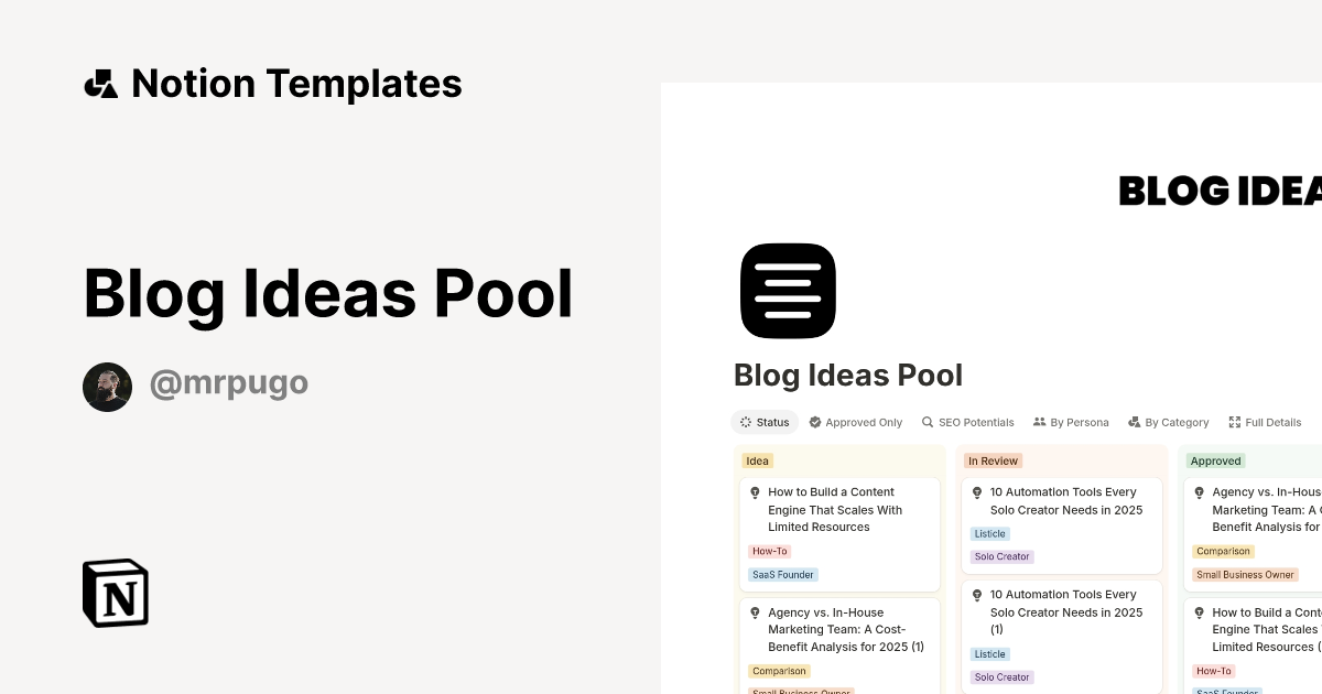 Blog Ideas Pool Template by mrpugo | Notion Marketplace