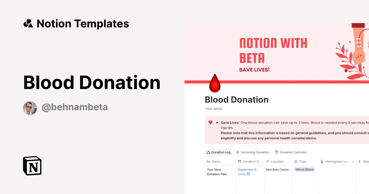 Blood Donation Template by Beta Dreamer | Notion Marketplace