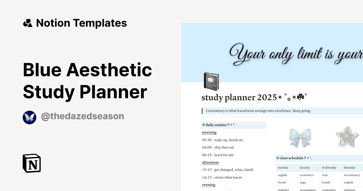 Blue Aesthetic Study Planner Template | Notion Marketplace