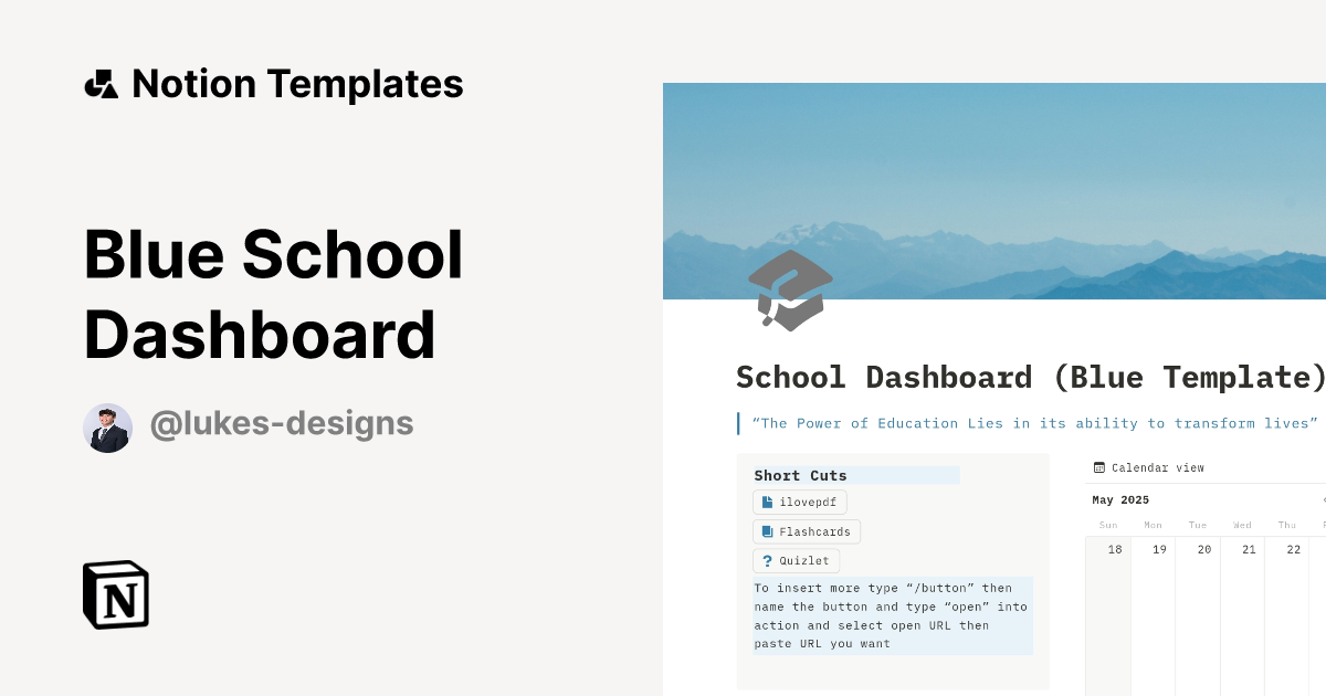 Blue School Dashboard Template by Luke's Designs | Notion Marketplace