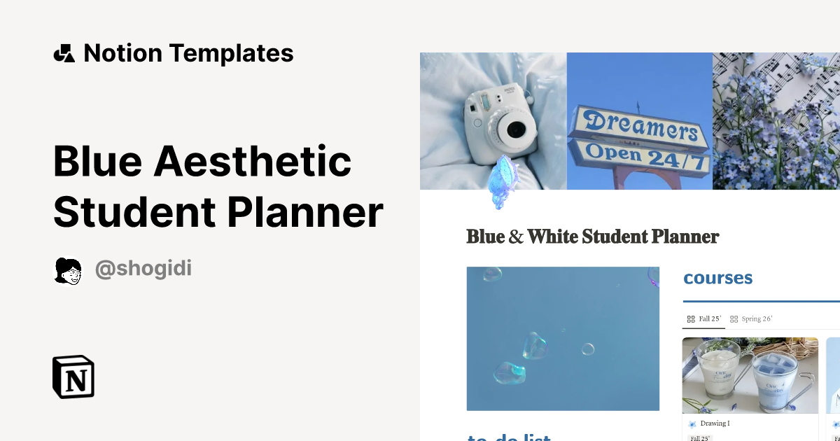 Blue Aesthetic Student Planner Template by Shogidi | Notion Marketplace