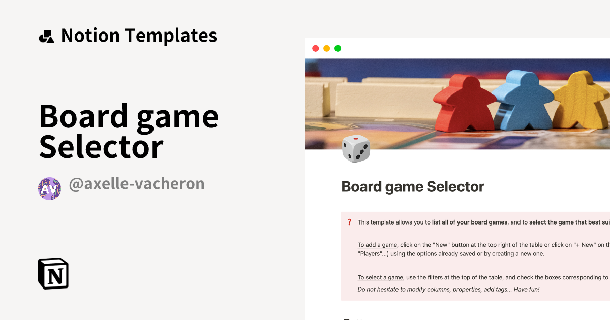 Board game Selector Template by Axelle Vacheron | Notion Marketplace