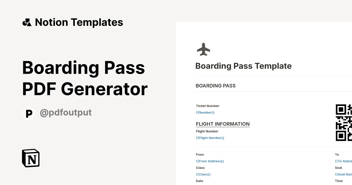 Boarding Pass PDF Generator Template by PDFOutput | Notion Marketplace