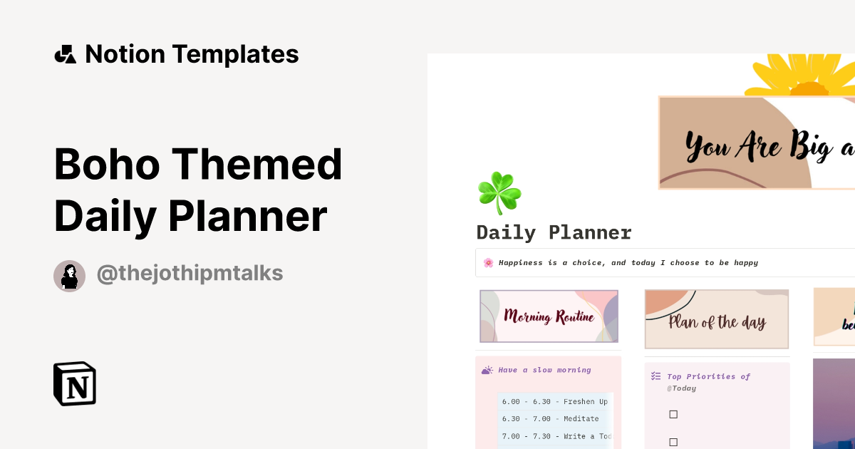 Boho Themed Daily Planner Template | Notion Marketplace