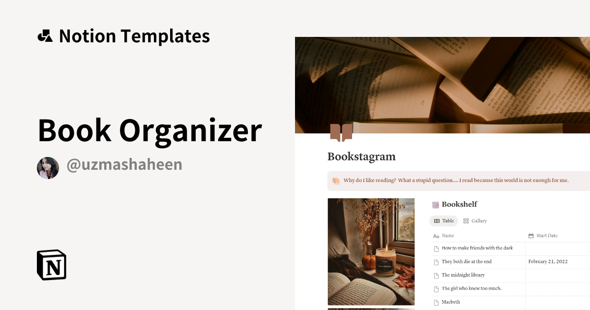 Book Organizer Template by Uzma Shaheen | Notion Marketplace