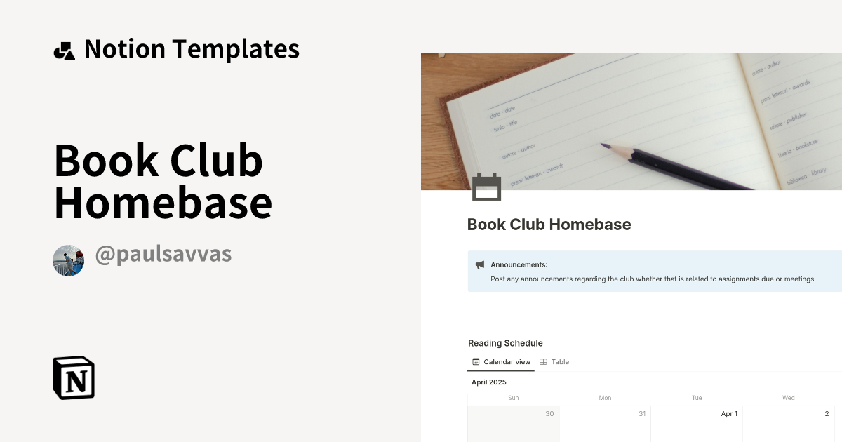 Book Club Homebase Template | Notion Marketplace