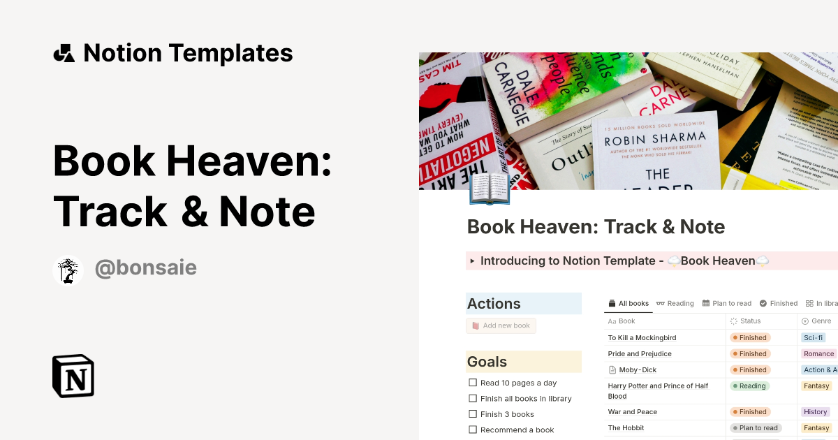 Book Heaven: Track & Note Template by Bonsaie | Notion Marketplace