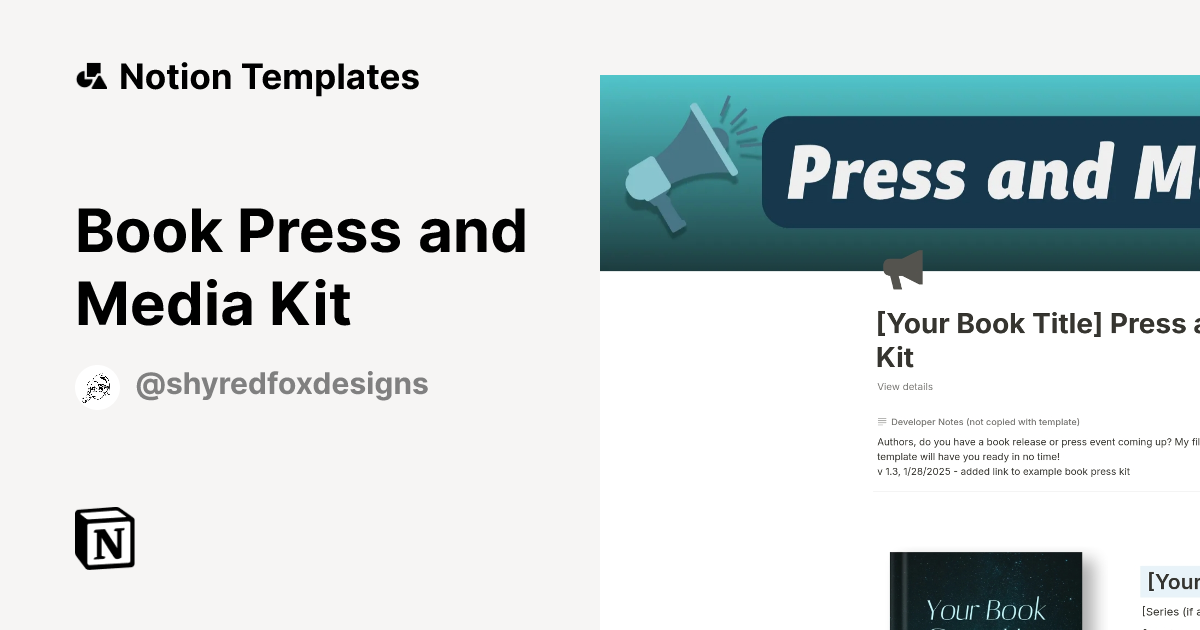 Book Press and Media Kit Template by Shy Red Fox Designs | Notion ...