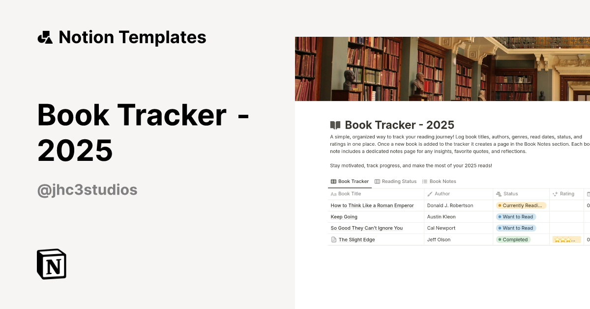 Book Tracker - 2025 Template by JHC3 Studios | Notion Marketplace