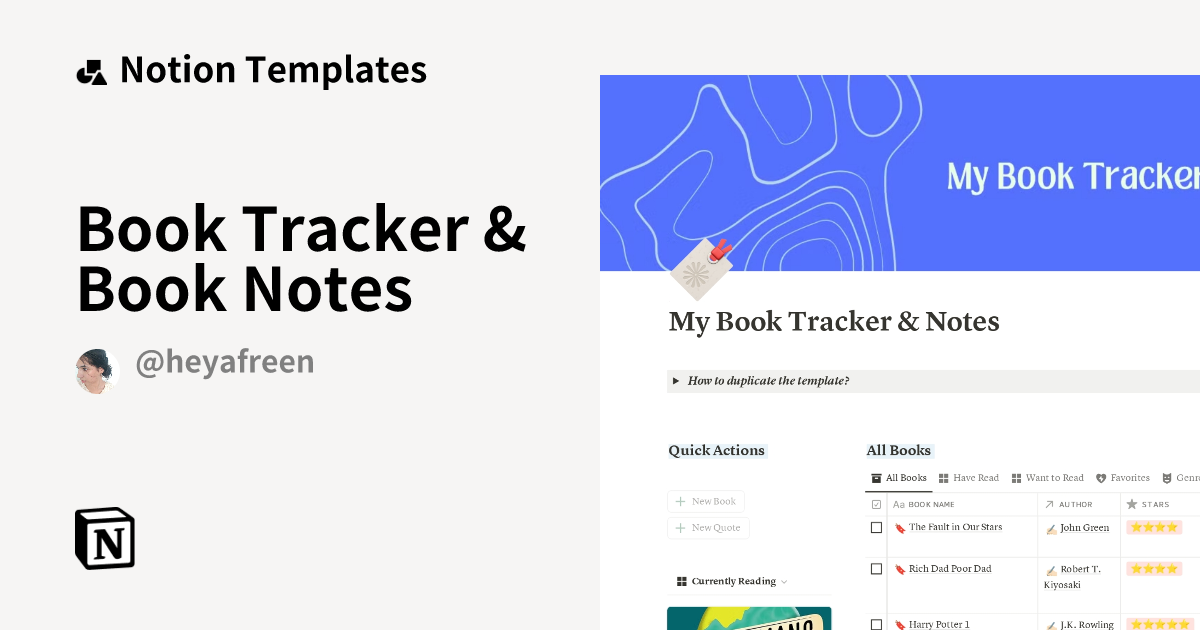 Book Tracker & Book Notes Template by Afreen | Notion Marketplace